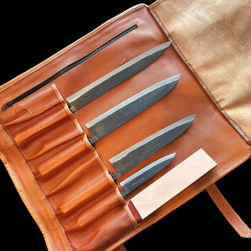 Tokushu Knife Premium Leather Japanese Knife Roll- Red/Brown